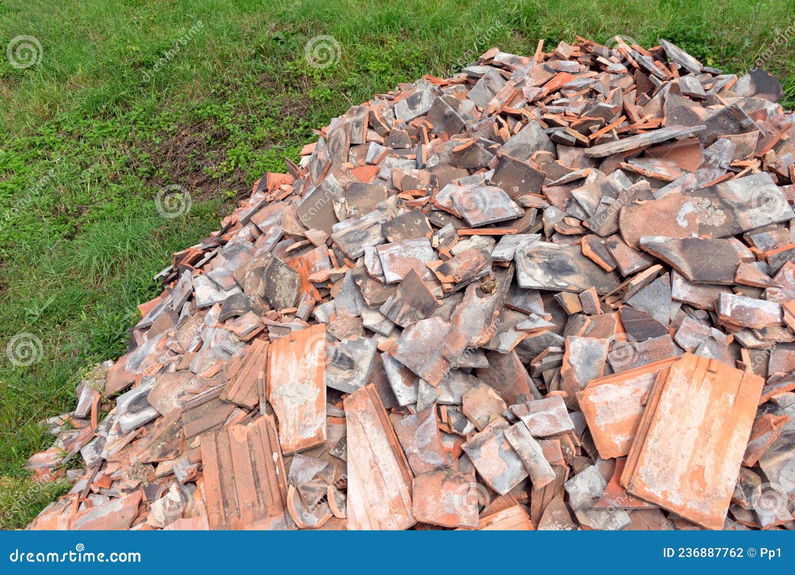Heap of Construction Material Building Debris of Old Broken Roof Tiles ...