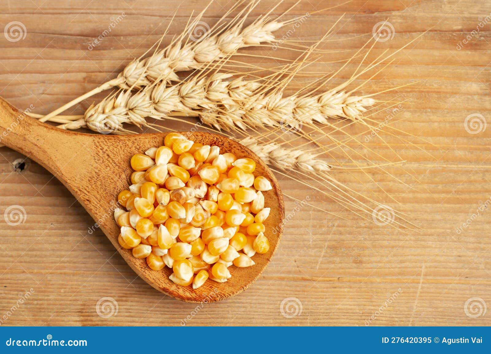 A Heap of Corn Kernels on a Wooden Spoon with Wheat Stalks on a Wooden ...