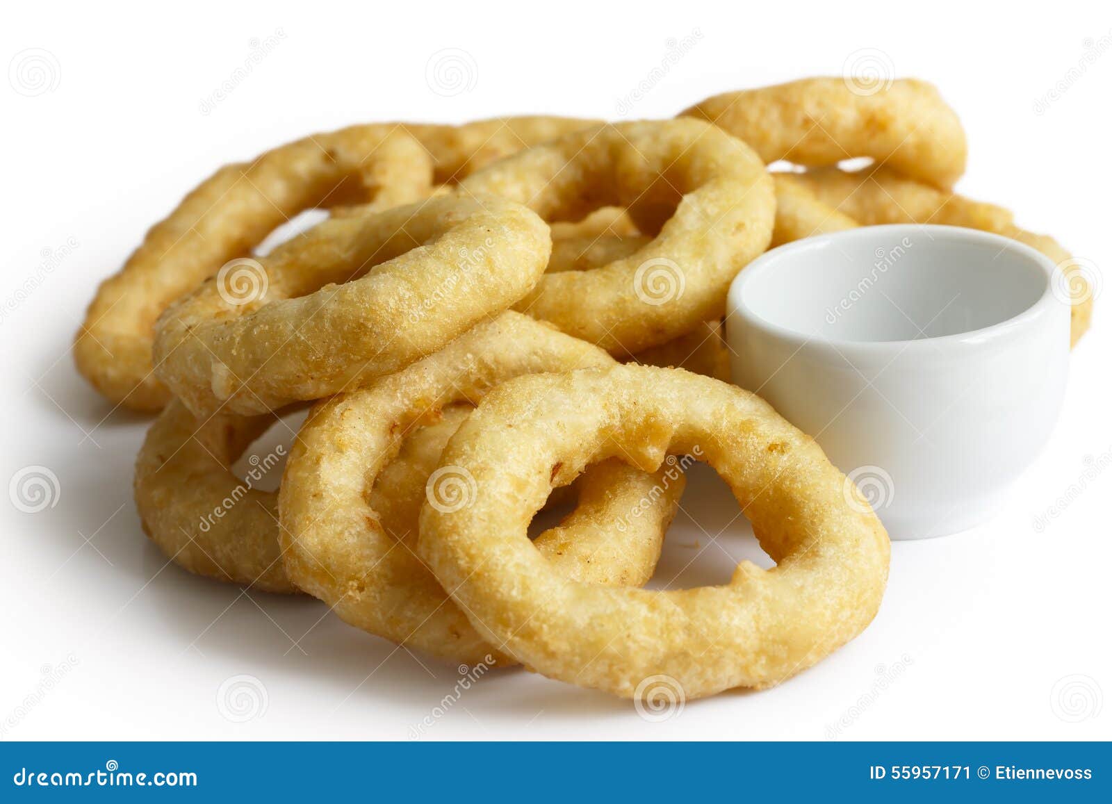 Heap Of Deep Fried Onion Or Calamari Rings With Barbecue Dip Iso Stock ...