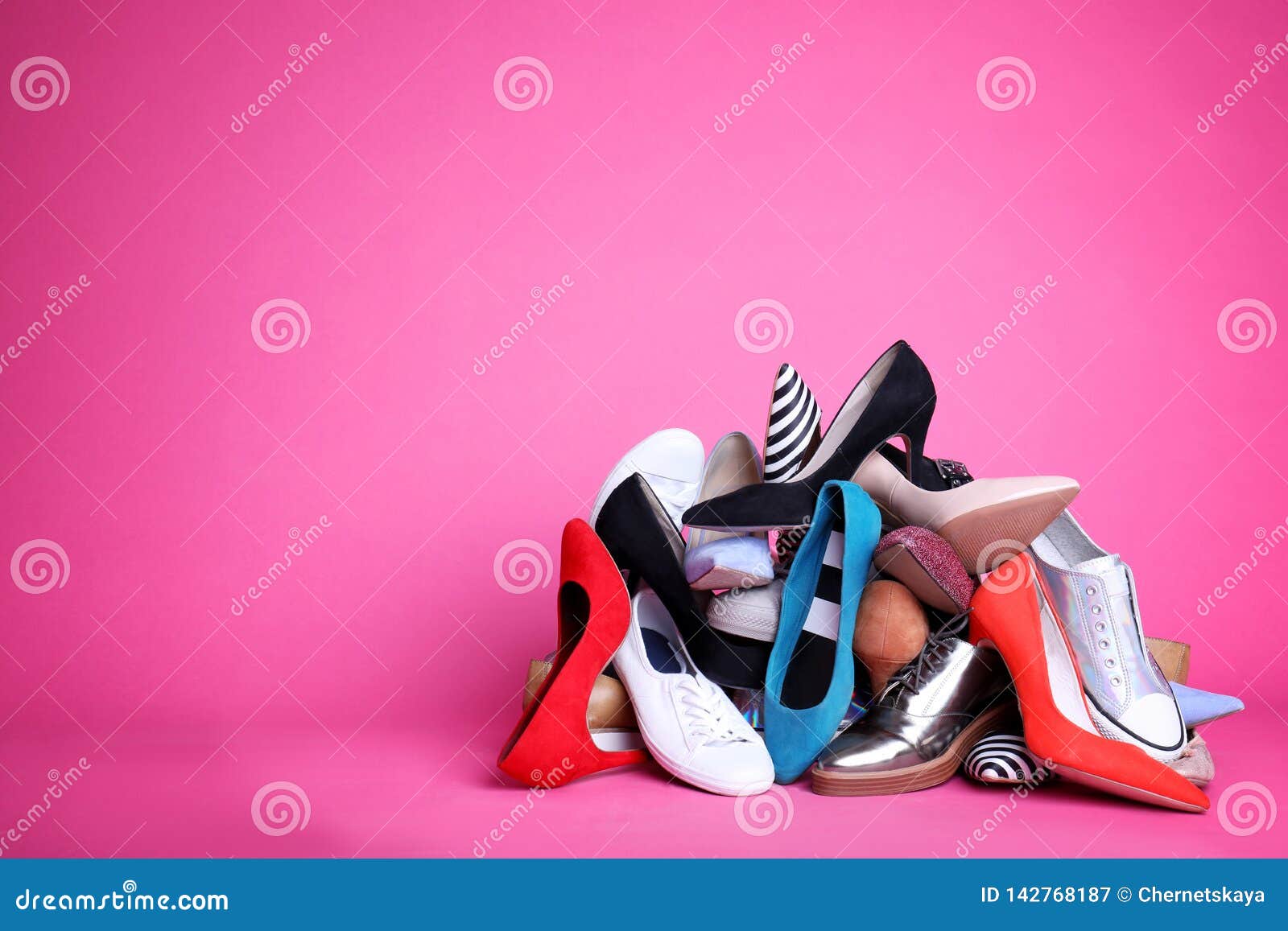 Heap of Different Shoes on Color Background Stock Image - Image of ...