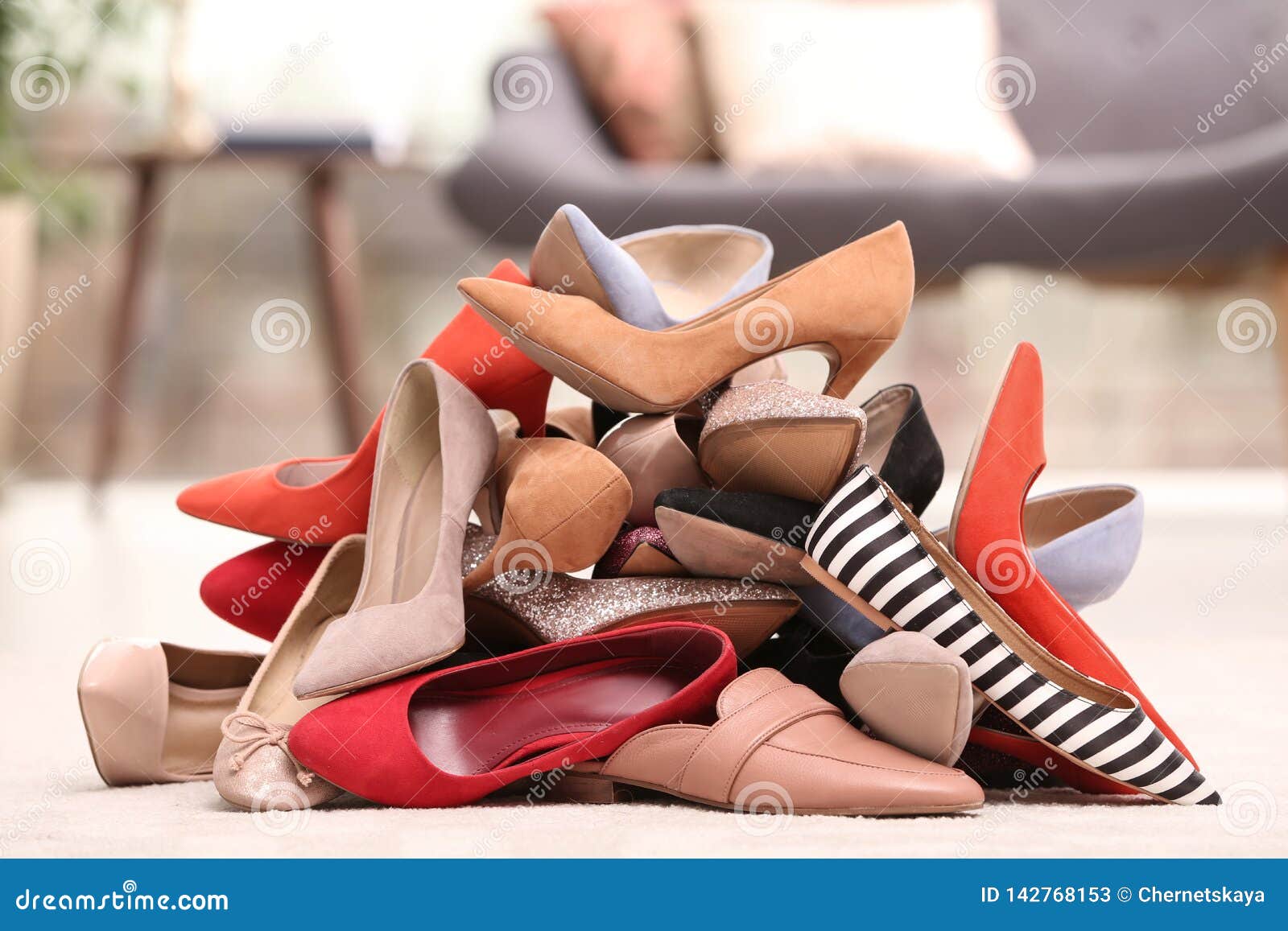 Heap of Different Shoes on Floor Stock Image - Image of blurred, girl ...