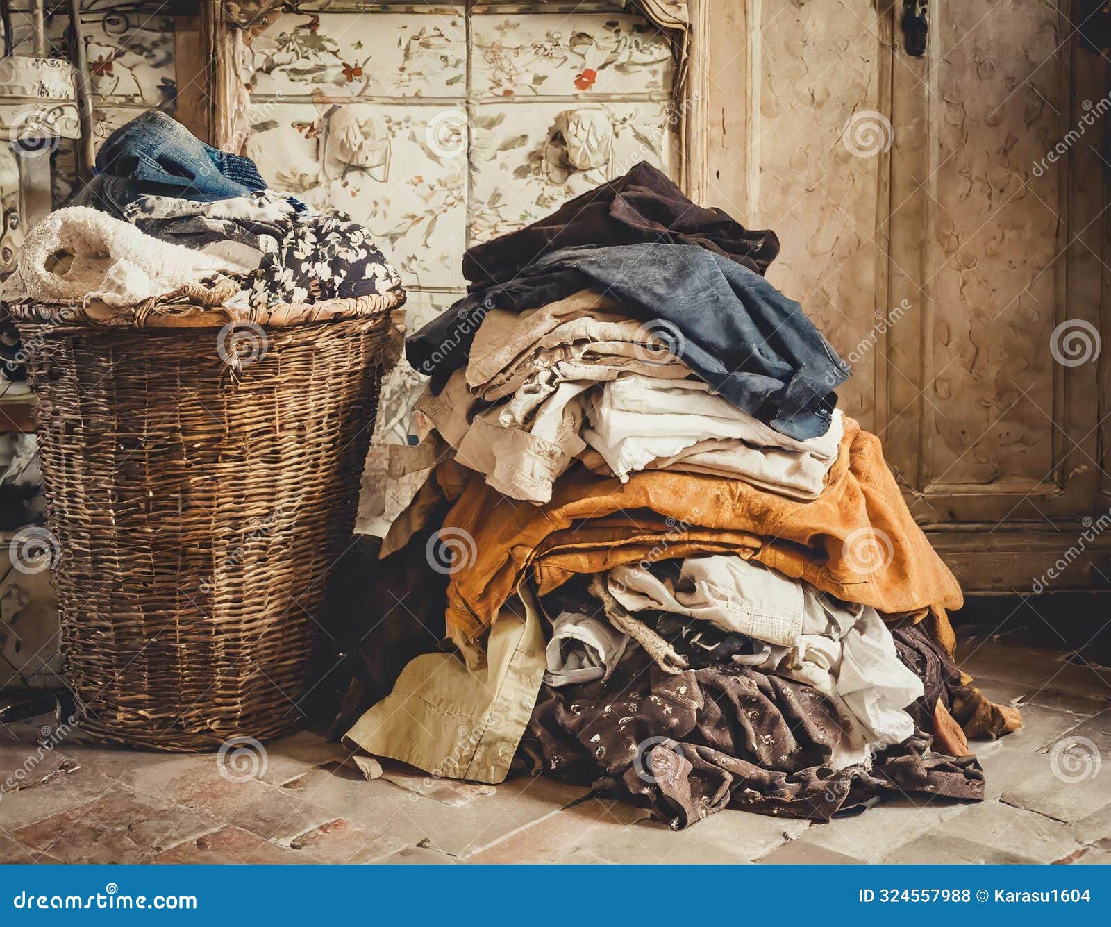 Heap of Dirty Clothes and Laundry Basket Stock Photo - Image of ...