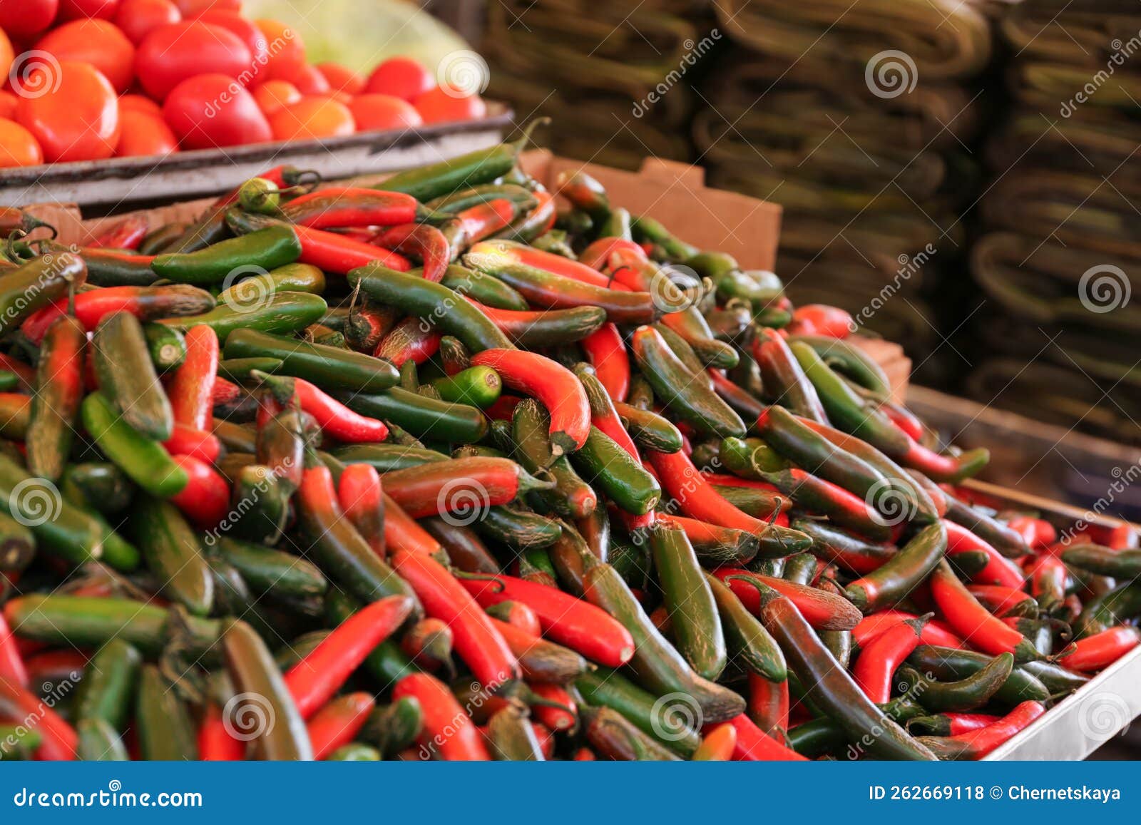 Heap of Fresh Serrano Peppers on Counter at Market, Space for Text ...