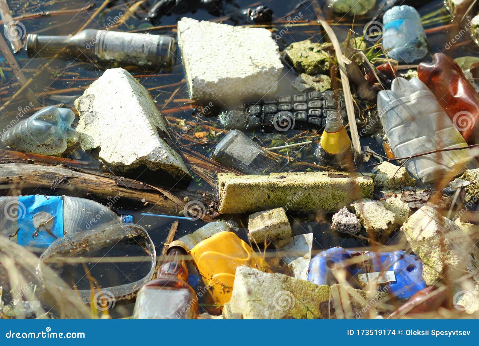 Heap of Garbage Floating in the Lake. Environment Pollution Concept ...