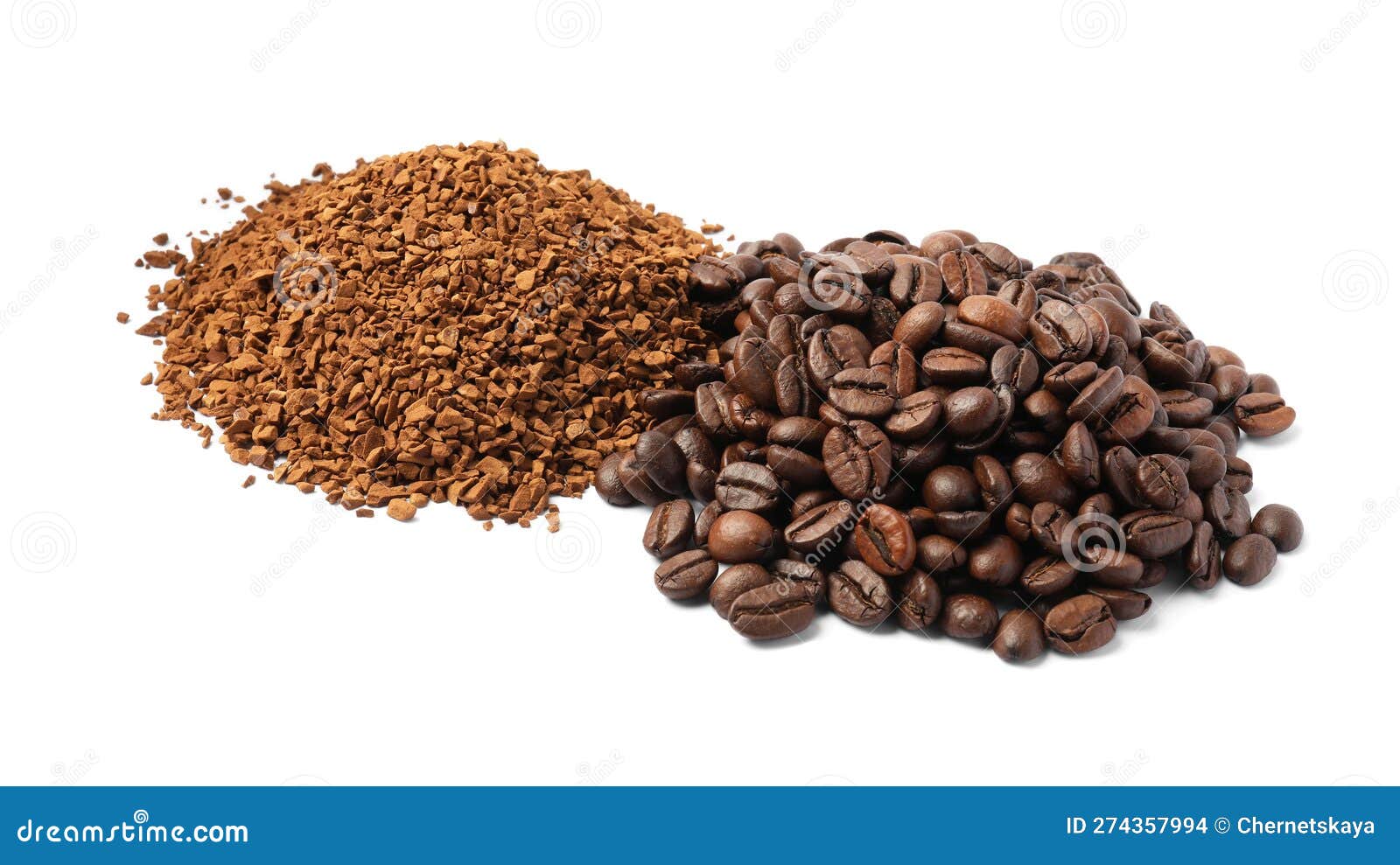 Heap of Instant Coffee and Beans on White Background Stock Photo ...