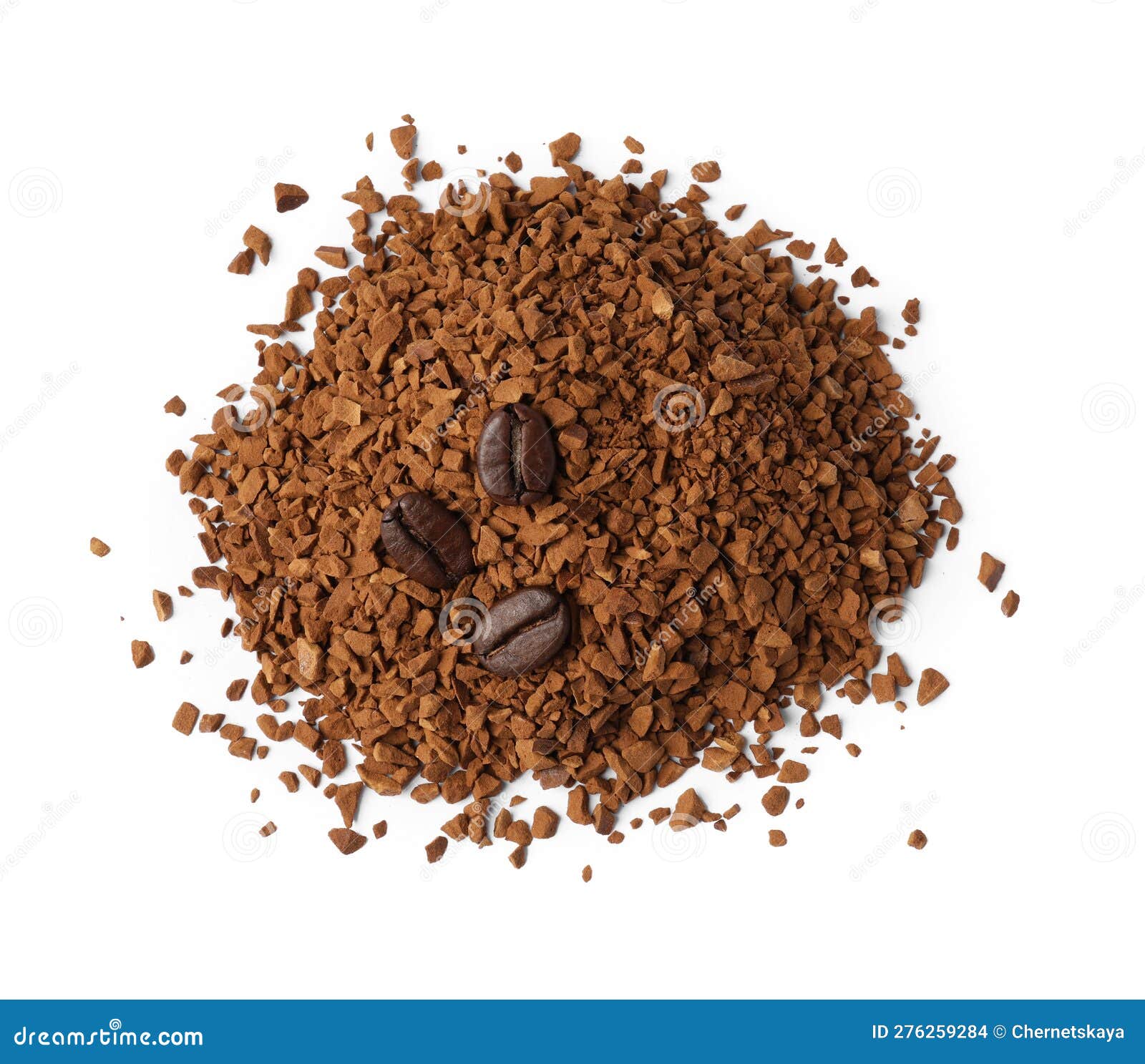 Heap of Instant Coffee and Beans on White Background, Top View Stock ...