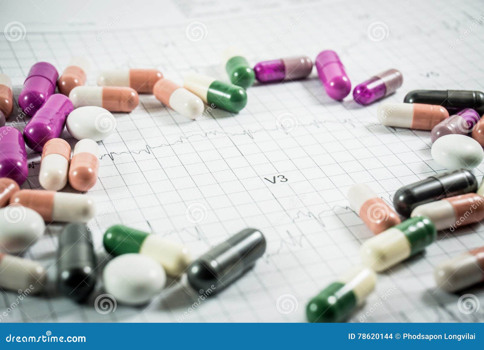 Heap of Medicine Pills on Cardiogram Grid Paper. Stock Photo - Image of ...