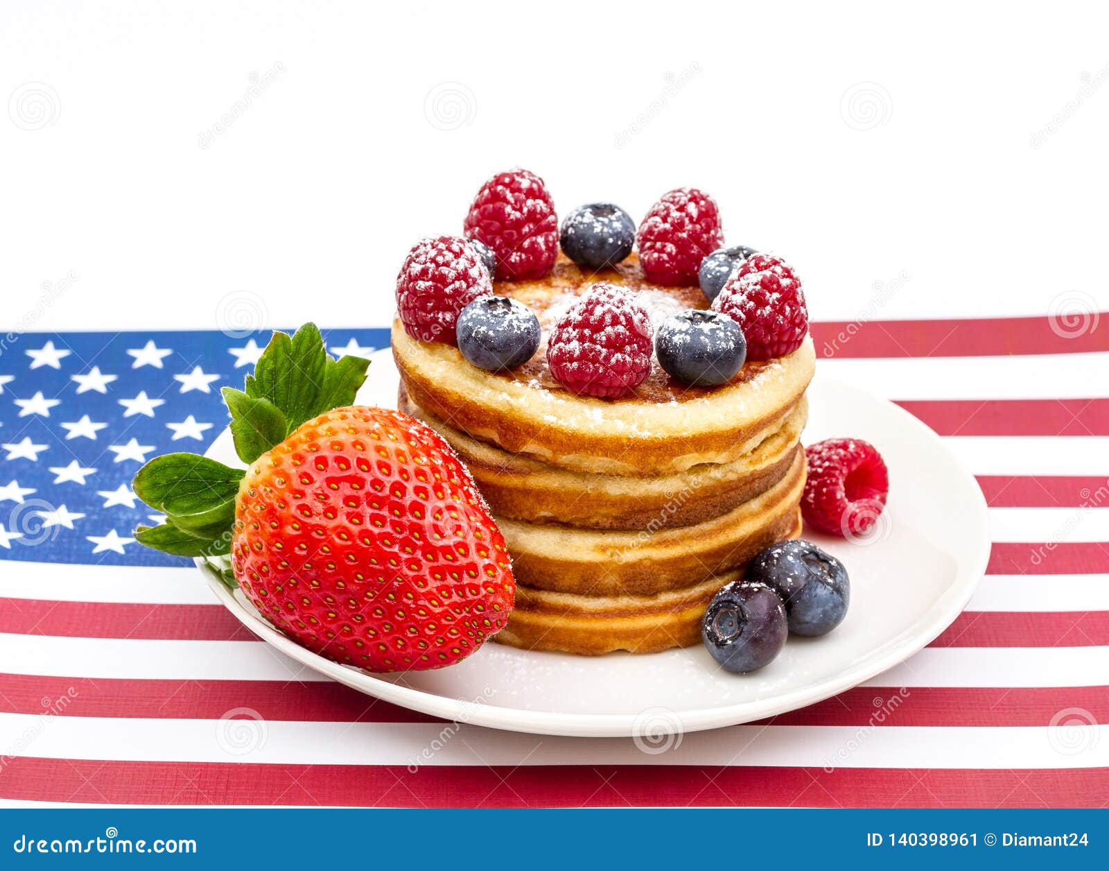 Heap of Pancakes with Berries on USA Flag Stock Image - Image of bakery ...