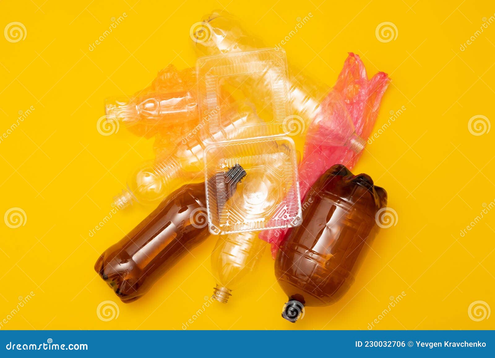 Heap of Plastic Disposable Packaging and Disposable Tableware on Yellow ...