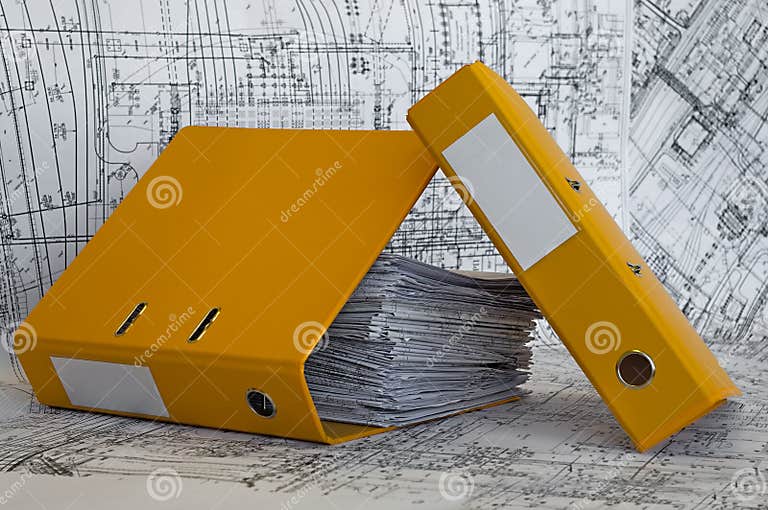 Heap of Project Drawings in Yellow Folder. Stock Image - Image of ...
