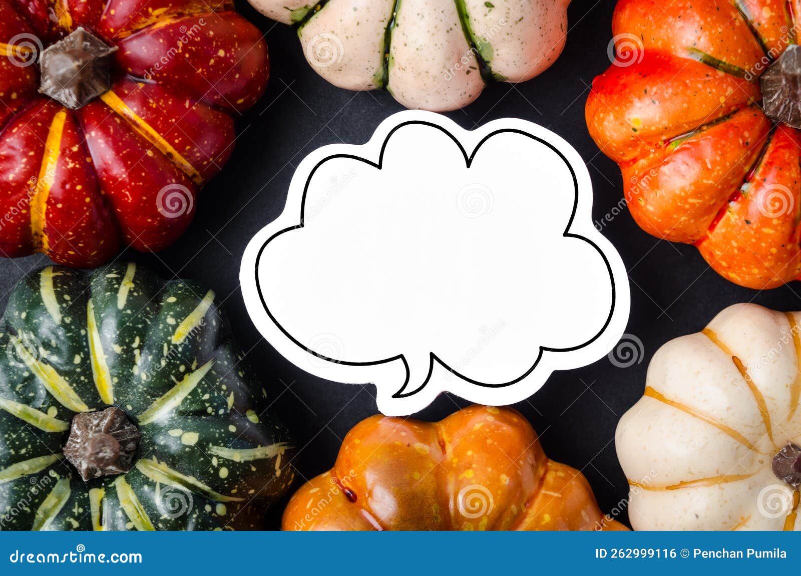 The Heap of Pumpkin and Blank Speech Bubble on Black Colour Background ...