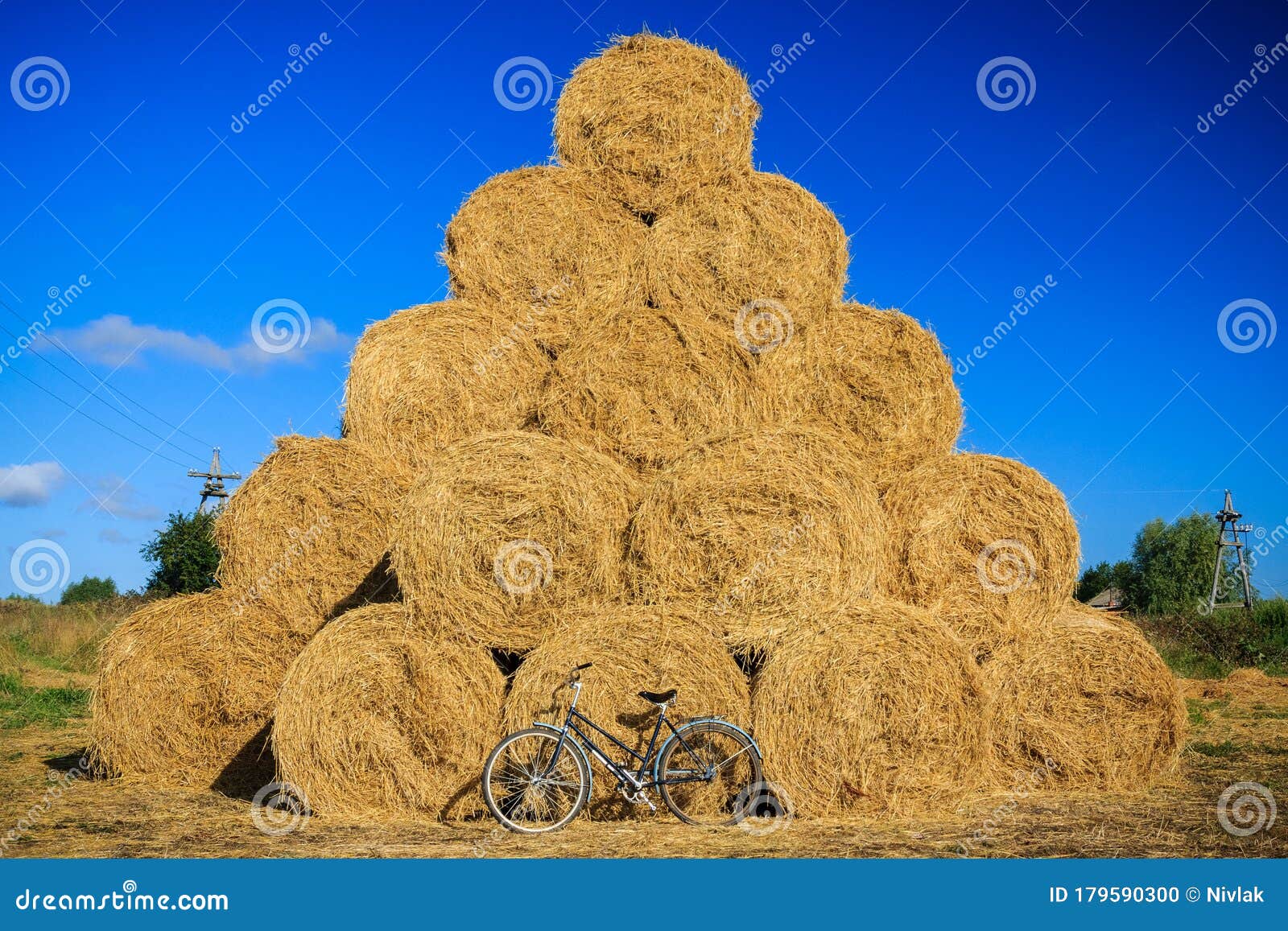Heap of Round Straw Bales with Bycicle Stock Photo - Image of terrain ...