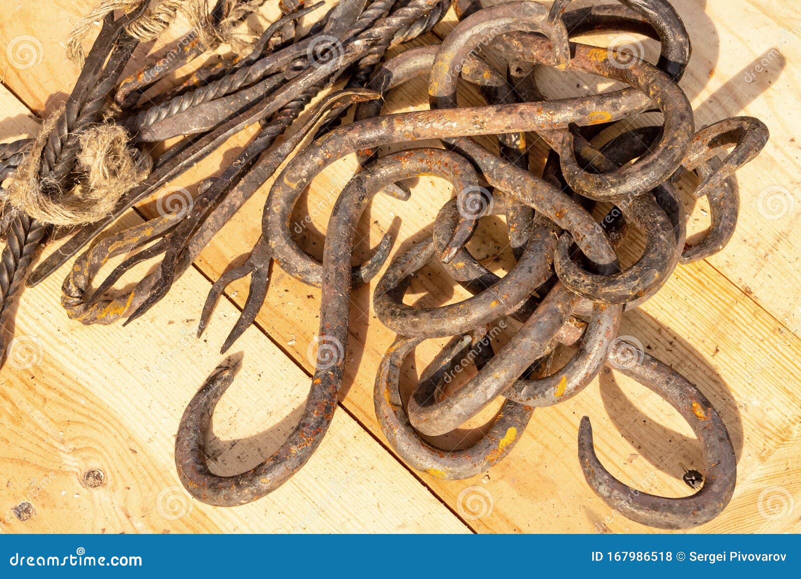 Heap Sharp Metal Hook Forged Rusty Closeup Many Products Background ...