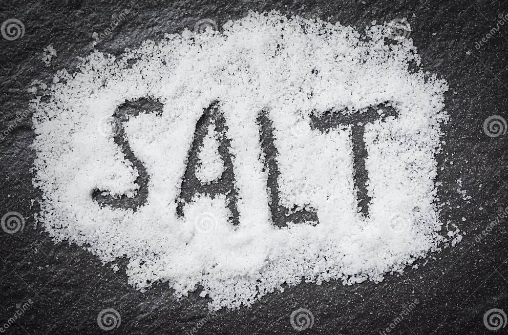 Heap White Salt on Dark Background with Text SALT Stock Photo - Image ...