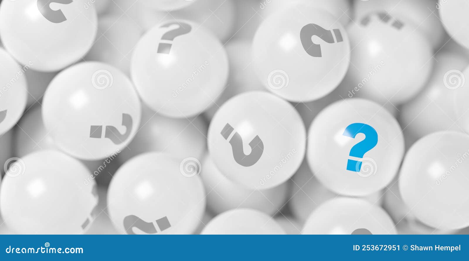 Heap of White Spheres or Balls with Grey Question Marks and One Blue ...