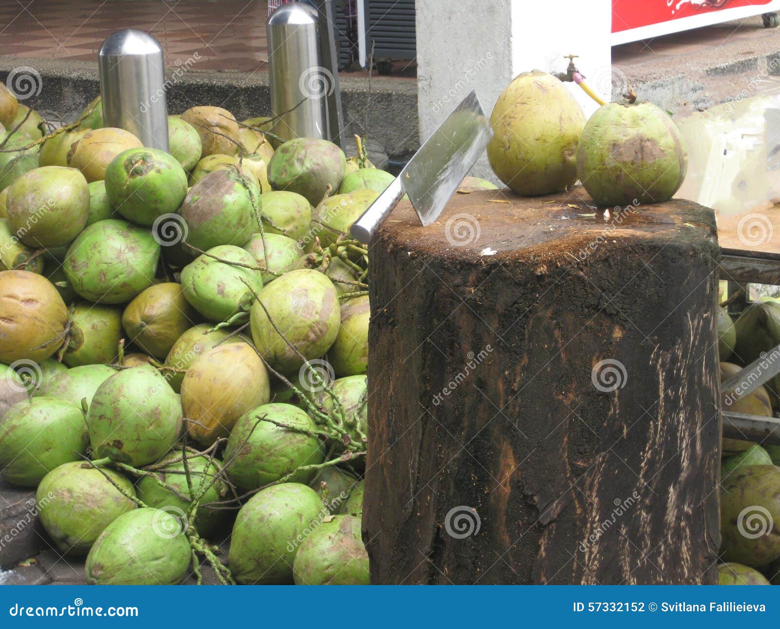 The Heap of Young Coconuts and Backsword Stock Photo - Image of heap ...