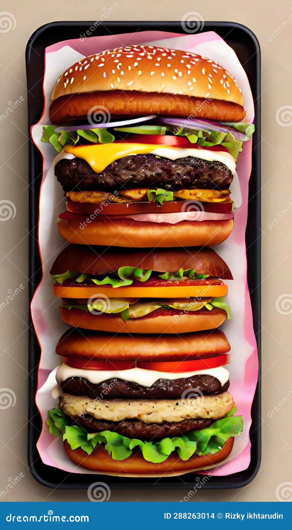 Heaps of Multi-layered Burgers that are so Delicious and Tempting Stock ...