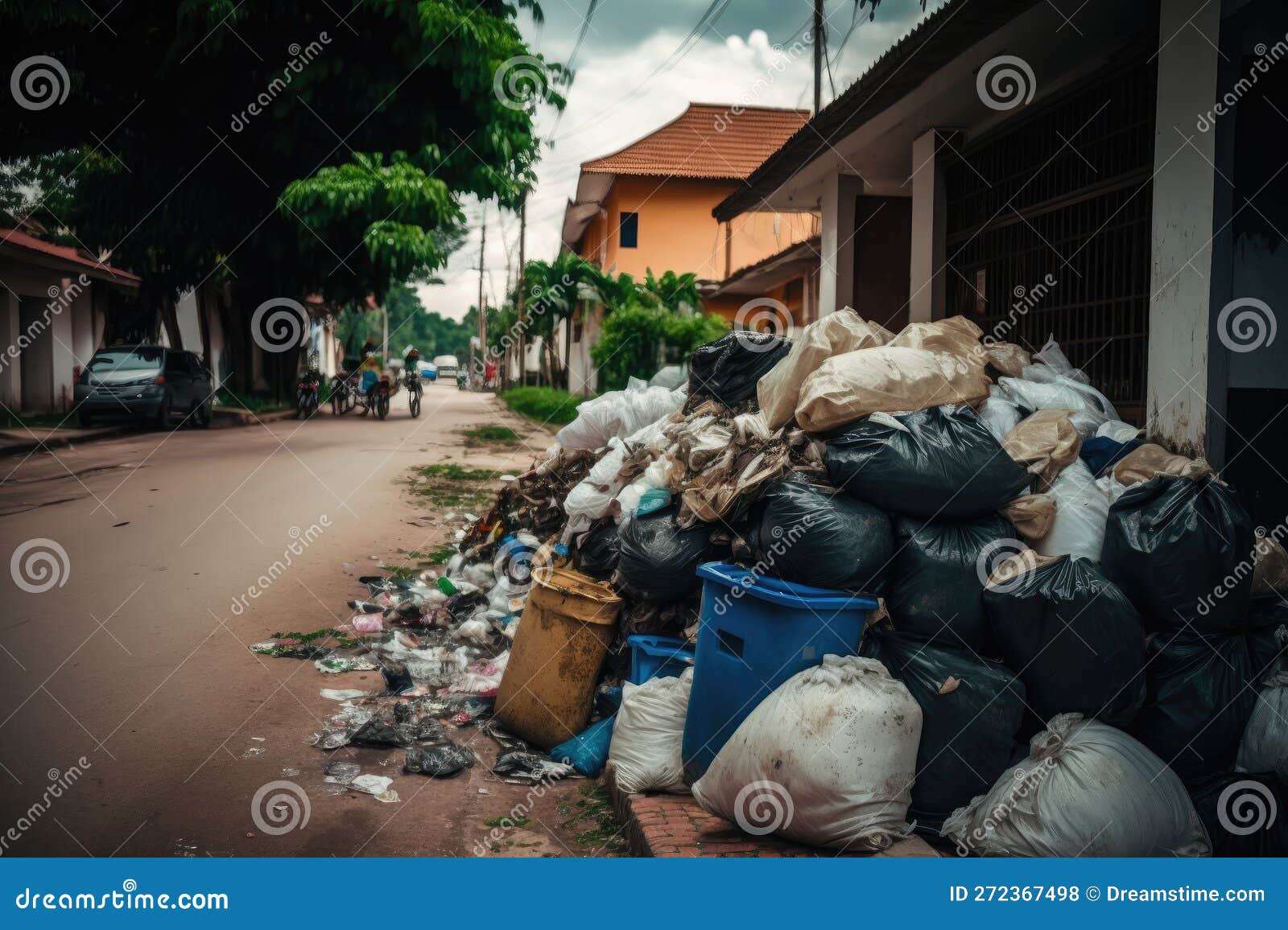 Heaps Of Trash And Litter On Street Due To Insufficient Collection Of Overflowing Garbage Stock