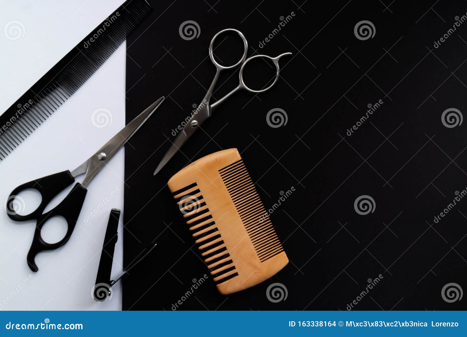 Head Scissors, Combs and a Razor on Black and White Background. Copy ...