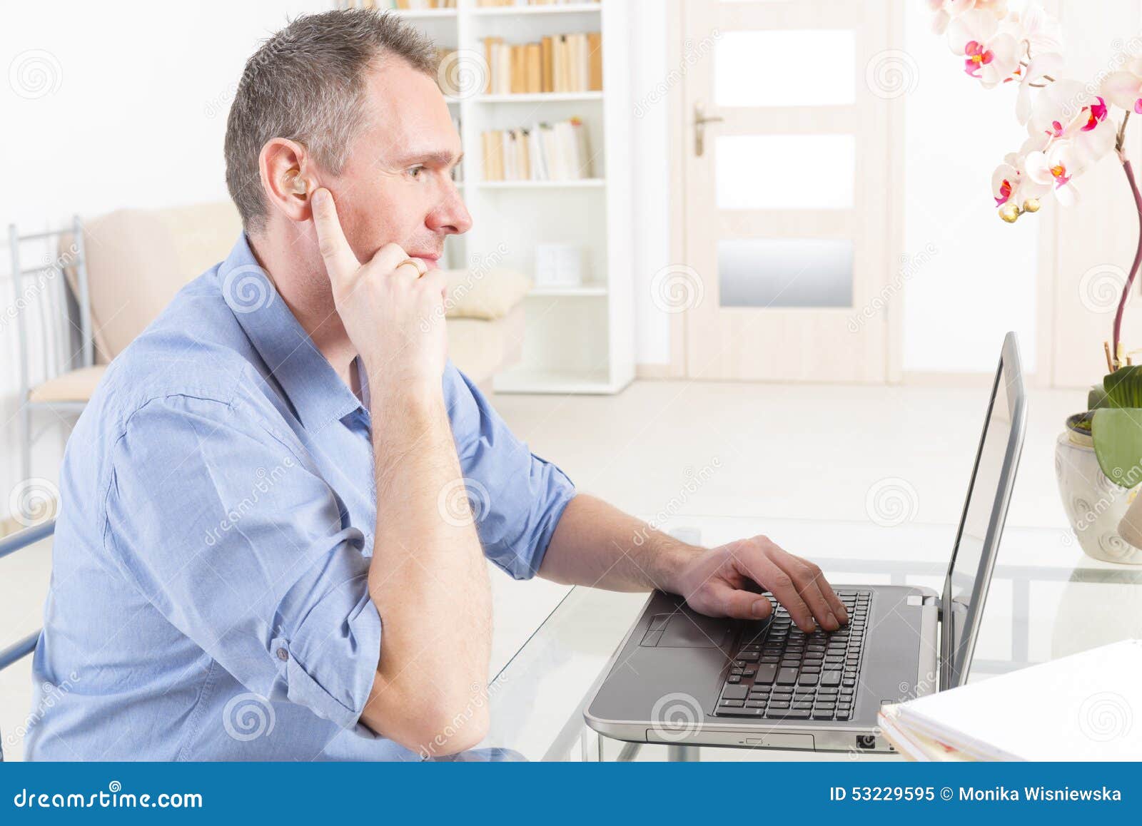 Hearing Impaired Man Working with Laptop Stock Image - Image of ...
