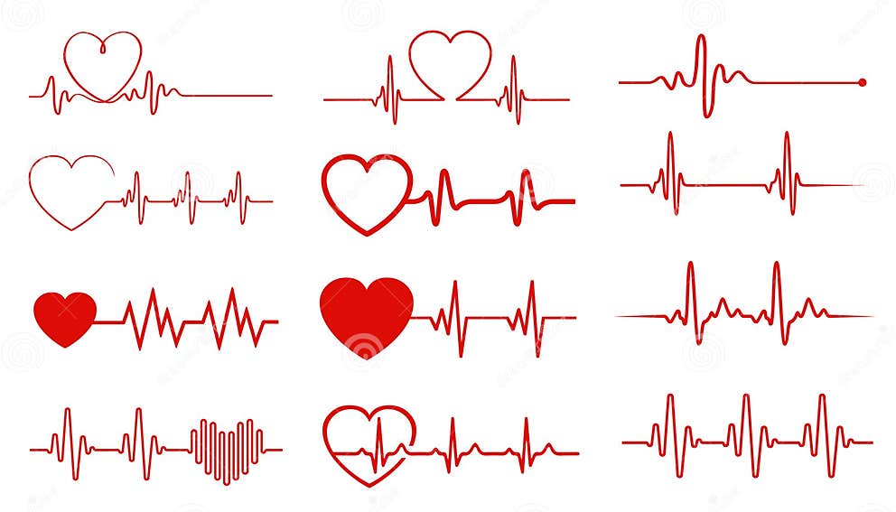 Heart Beat Pulse One Line Hand Drawn Cardiogram Wave Set Sign