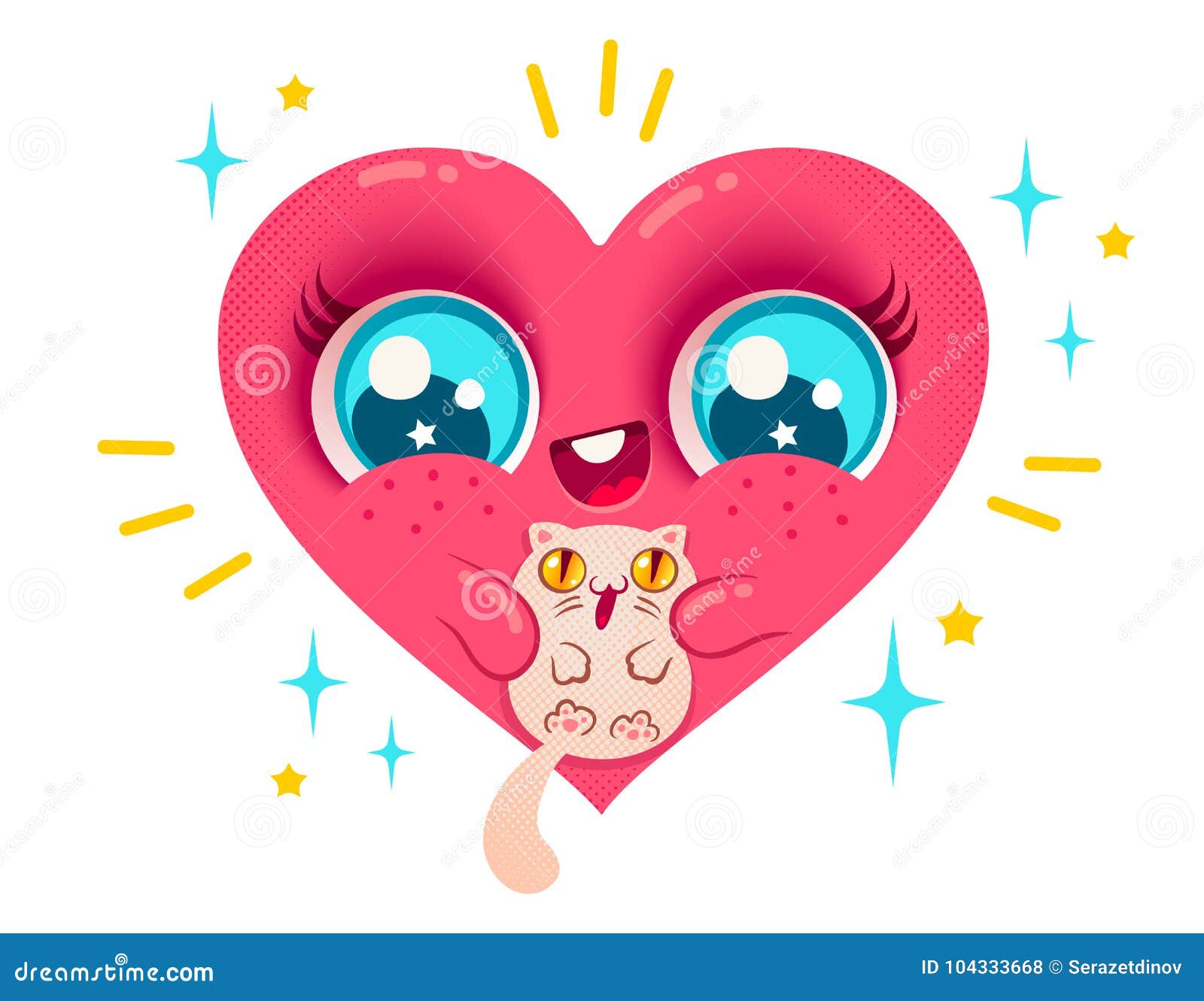 Heart with Cat in Kawaii Style. Stock Vector - Illustration of ...