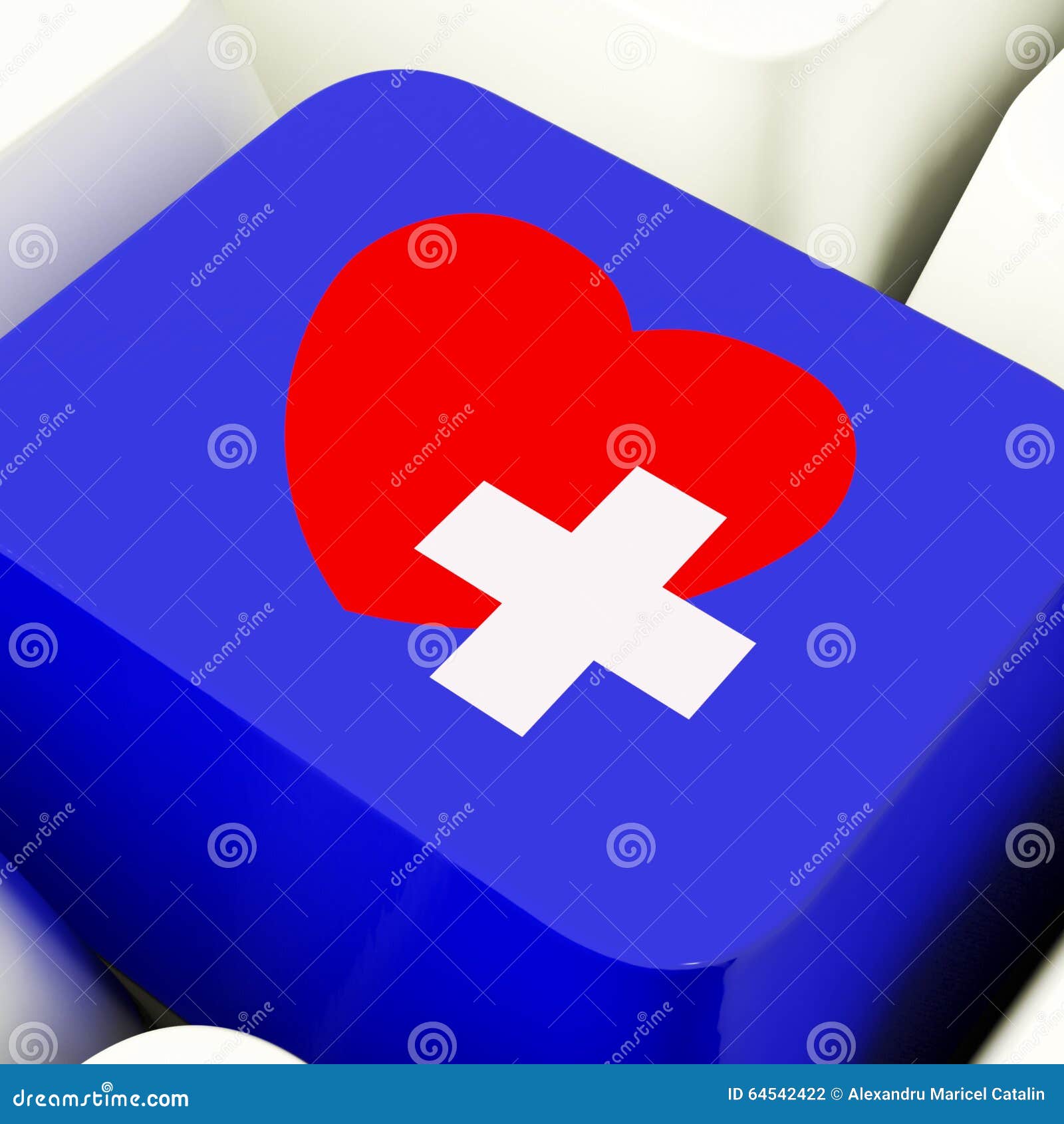 Heart and Cross Computer Key in Blue Showing Emergency Assistance Stock ...