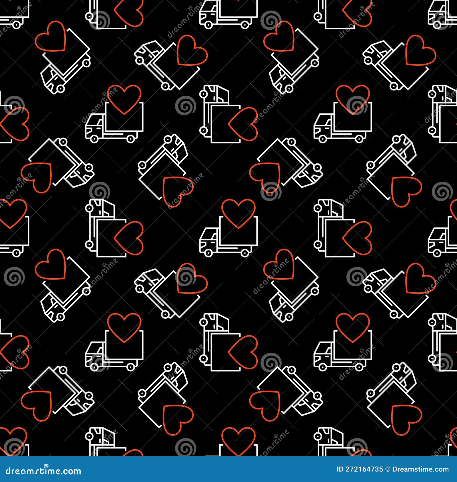 Heart and Delivery Truck Vector Concept Line Dark Seamless Pattern ...