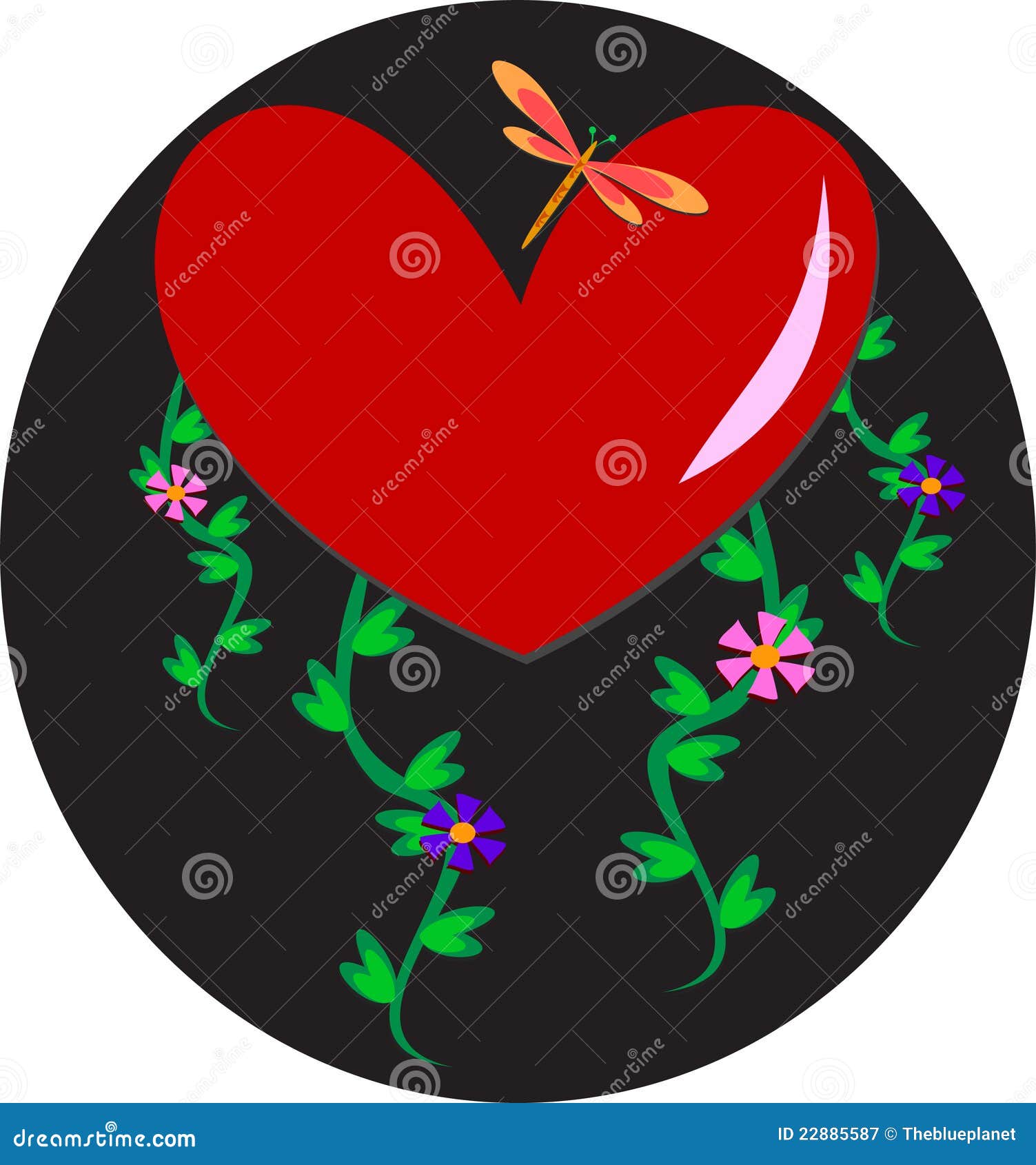 Heart with Dragonfly and Plants Stock Vector - Illustration of romance ...