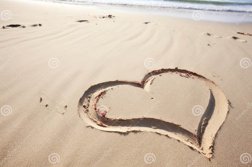 A Heart Drawn in the Sand with Multiple Footsteps Around it Stock Photo ...