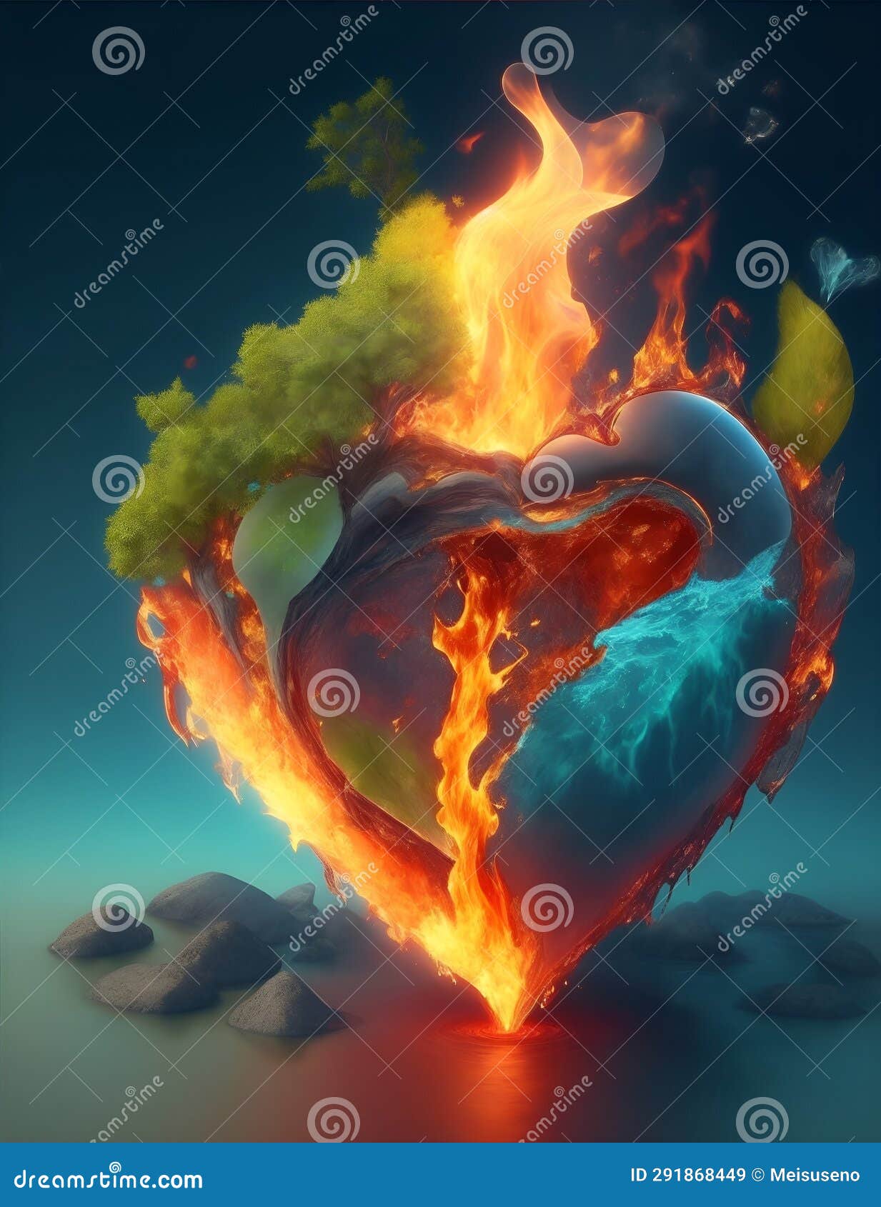 Heart with Elements of Fire, Water, Earth and Nature Illustration Stock ...