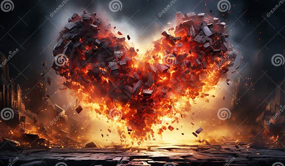 Heart Exploded into Fire Fragments. AI Generated Stock Illustration ...