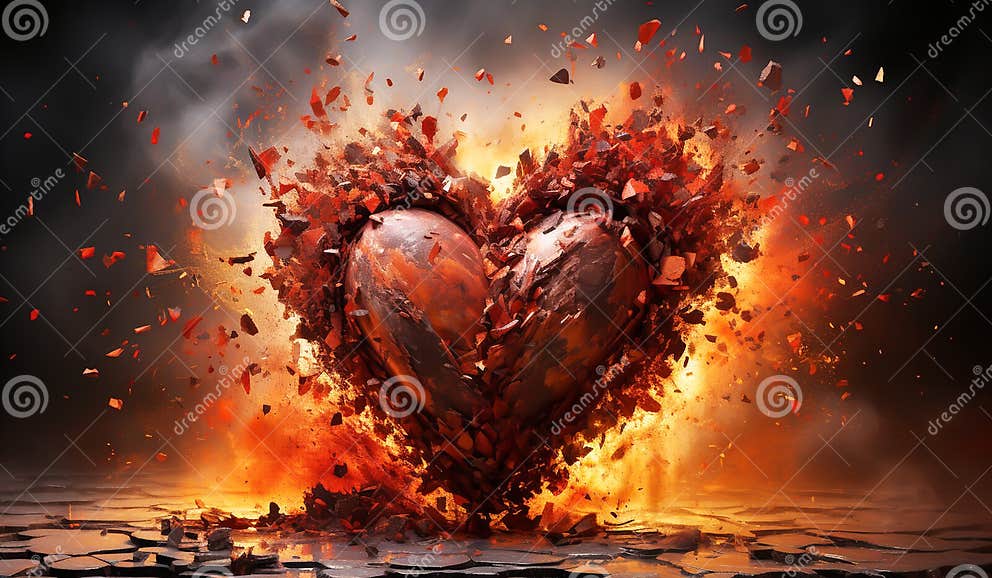 Heart Exploded into Fire Fragments. AI Generated Stock Illustration ...