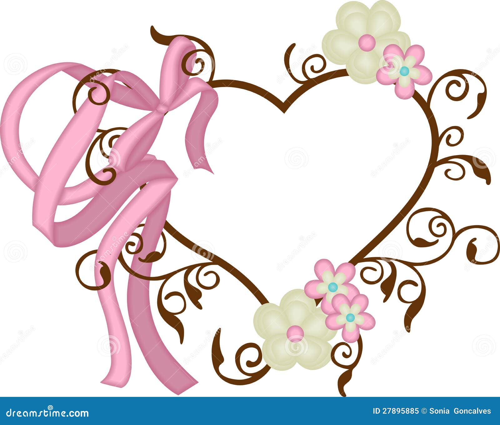Heart Frame with Ribbon Bow and Flowers Stock Vector - Illustration of ...