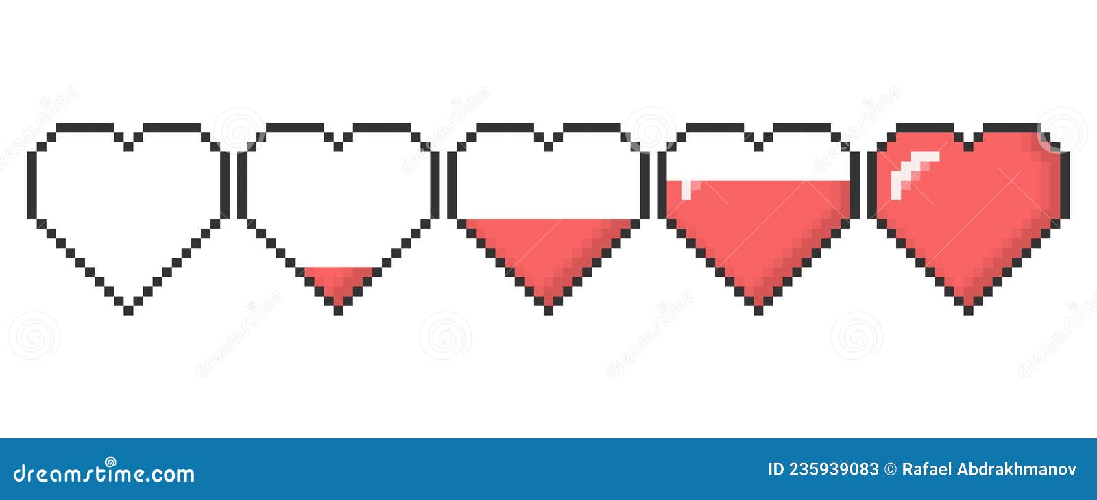 Heart Icon 8 Bit Pixel Style. Vector Set of Interface Life Health Bar ...