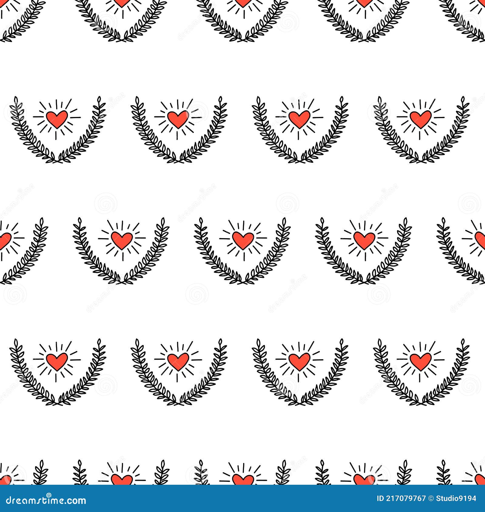 Heart Between Laurel Wreath Seamless Vector Pattern Repeating