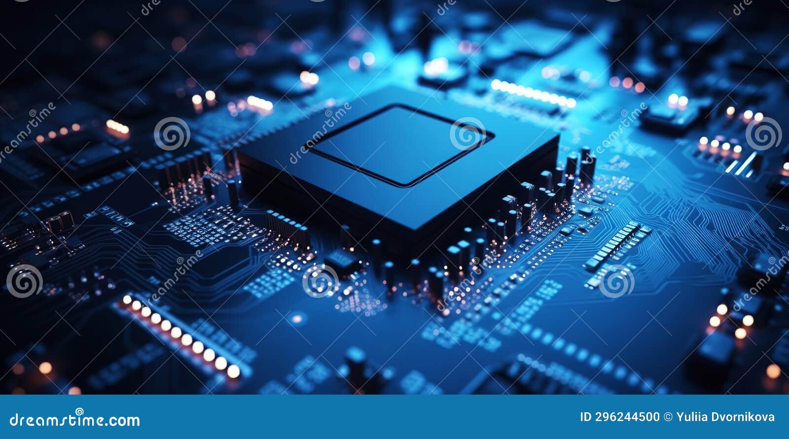 Heart of the Machine: Microprocessor in Cool Glow. Blue Motherboard ...