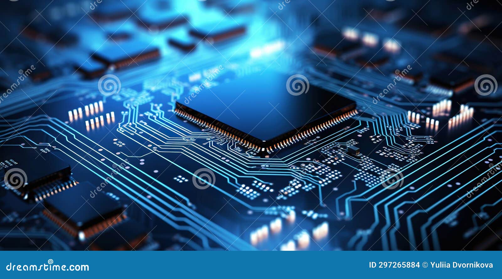 Heart of the Machine: Microprocessor in Cool Glow. Blue Motherboard ...