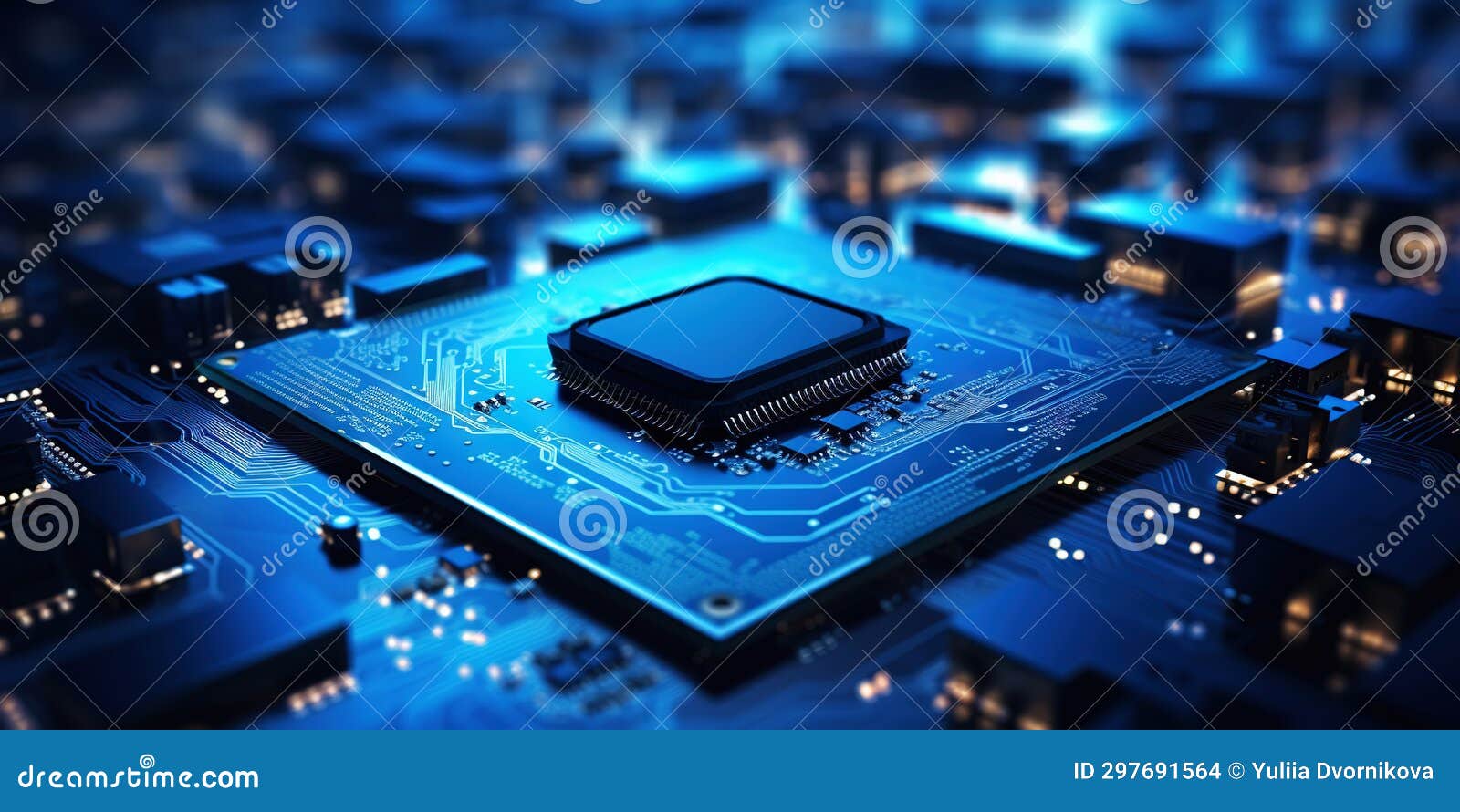 Heart of the Machine: Microprocessor in Cool Glow. Blue Motherboard ...