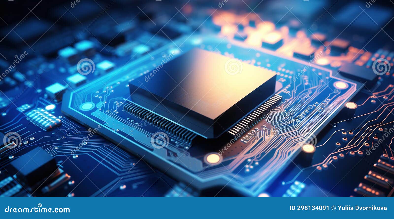 Heart of the Machine: Microprocessor in Cool Glow. Blue Motherboard ...