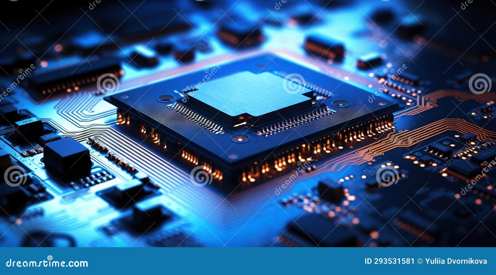 Heart of the Machine: Microprocessor in Cool Glow. Blue Motherboard ...