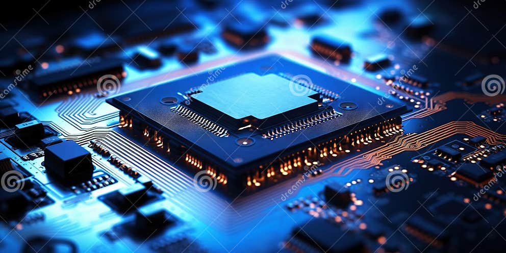 Heart of the Machine: Microprocessor in Cool Glow. Blue Motherboard ...