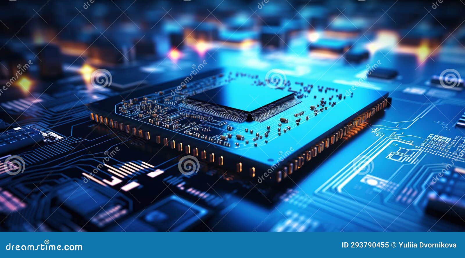 Heart of the Machine: Microprocessor in Cool Glow. Blue Motherboard ...