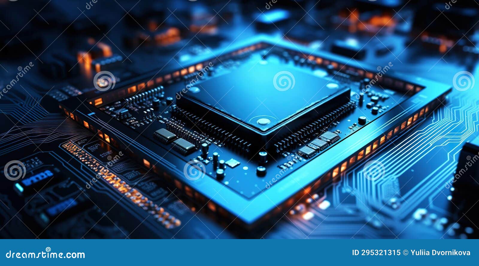 Heart of the Machine: Microprocessor in Cool Glow. Blue Motherboard ...