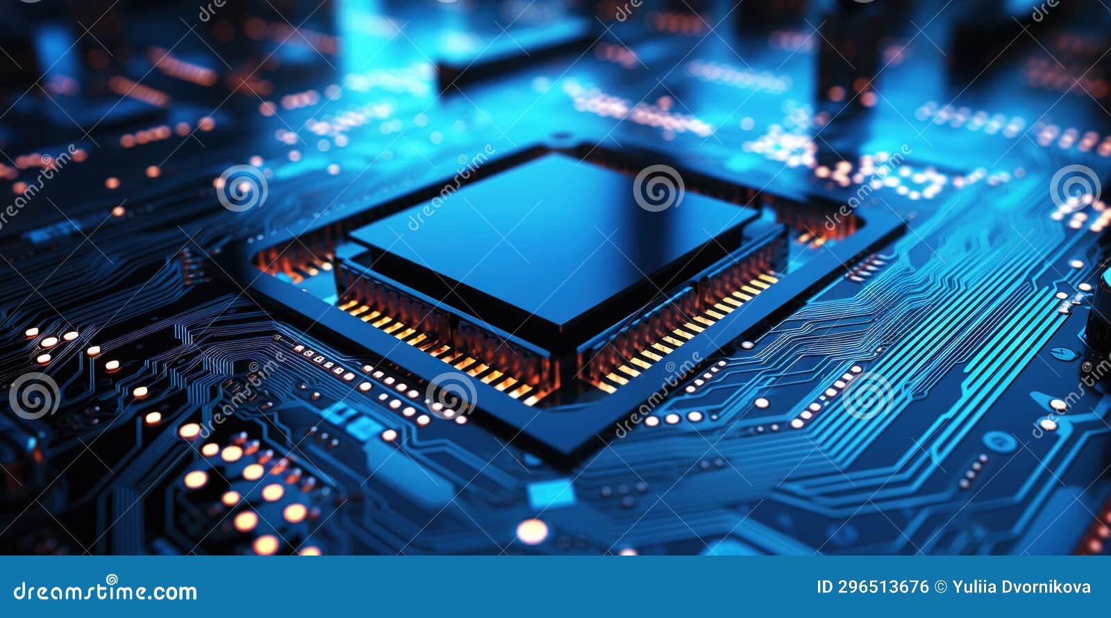 Heart of the Machine: Microprocessor in Cool Glow. Blue Motherboard ...