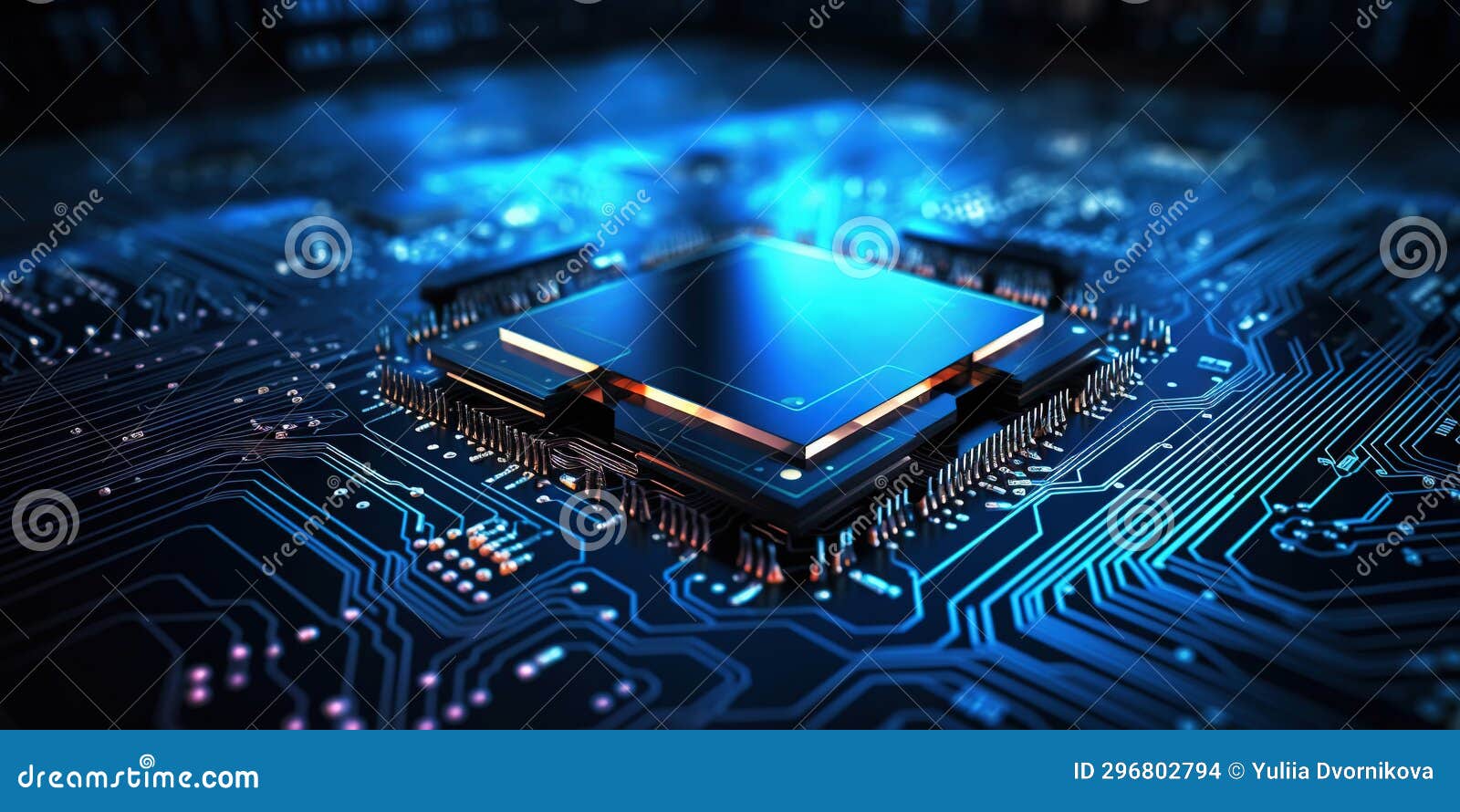 Heart of the Machine: Microprocessor in Cool Glow. Blue Motherboard ...