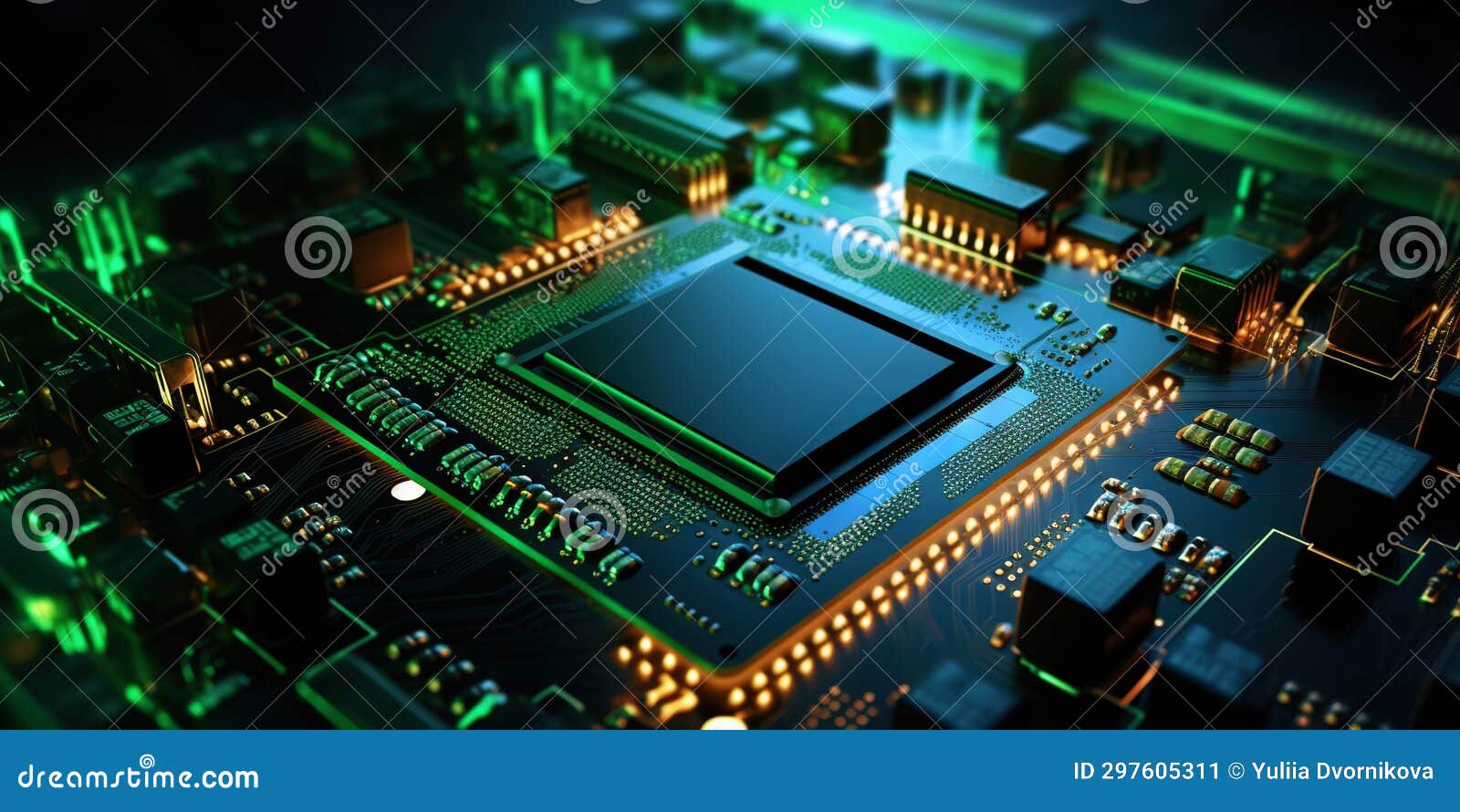 Heart of the Machine: Microprocessor in Green Glow. Motherboad ...