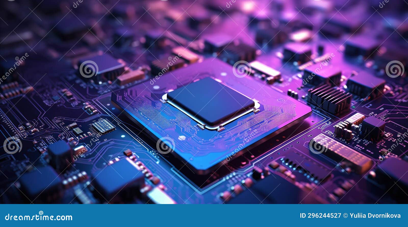 Heart of the Machine: Microprocessor in Purple Glow. Motherboard ...