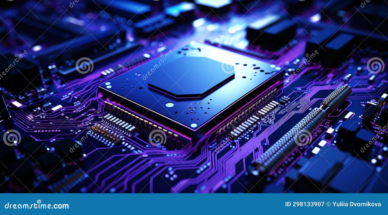 Heart of the Machine: Microprocessor in Purple Glow. Motherboard ...