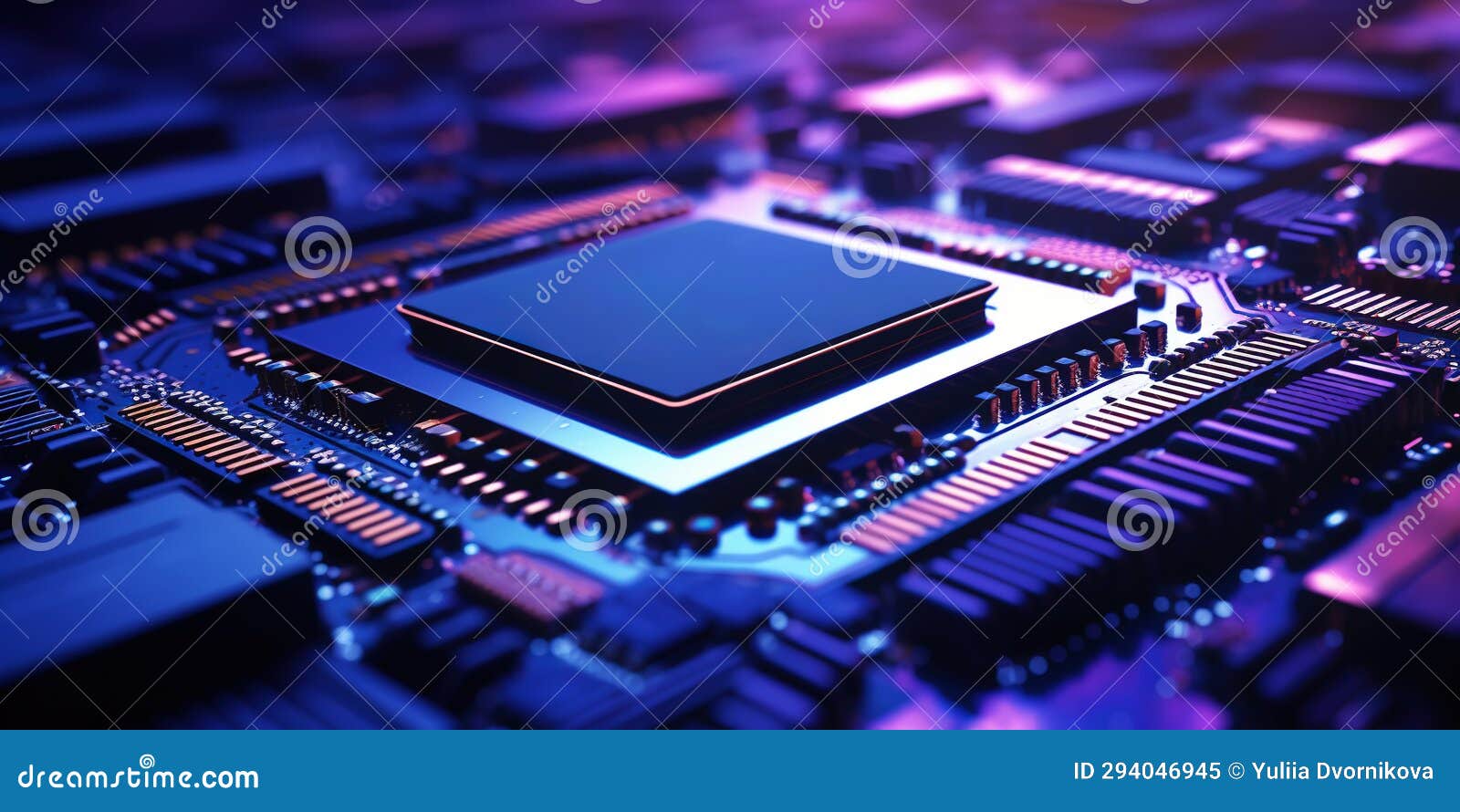 Heart of the Machine: Microprocessor in Purple Glow. Motherboard ...